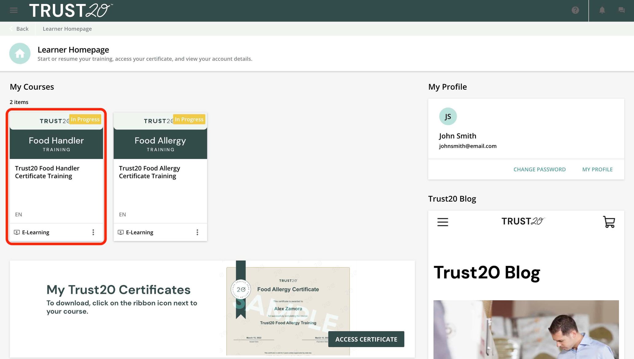 How do I check my progress on the Trust20 Food Handler Certificate ...