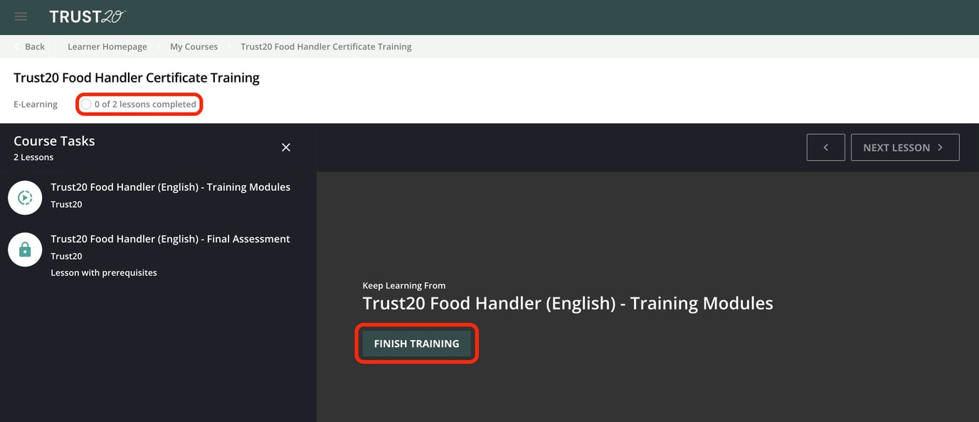 How do I check my progress on the Trust20 Food Handler Certificate ...