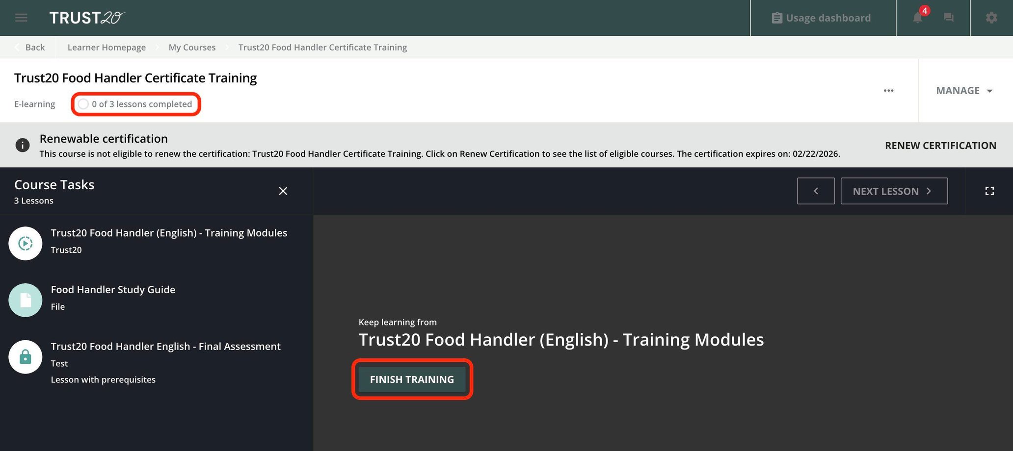 How do I check my progress on the Trust20 Food Handler Certificate ...