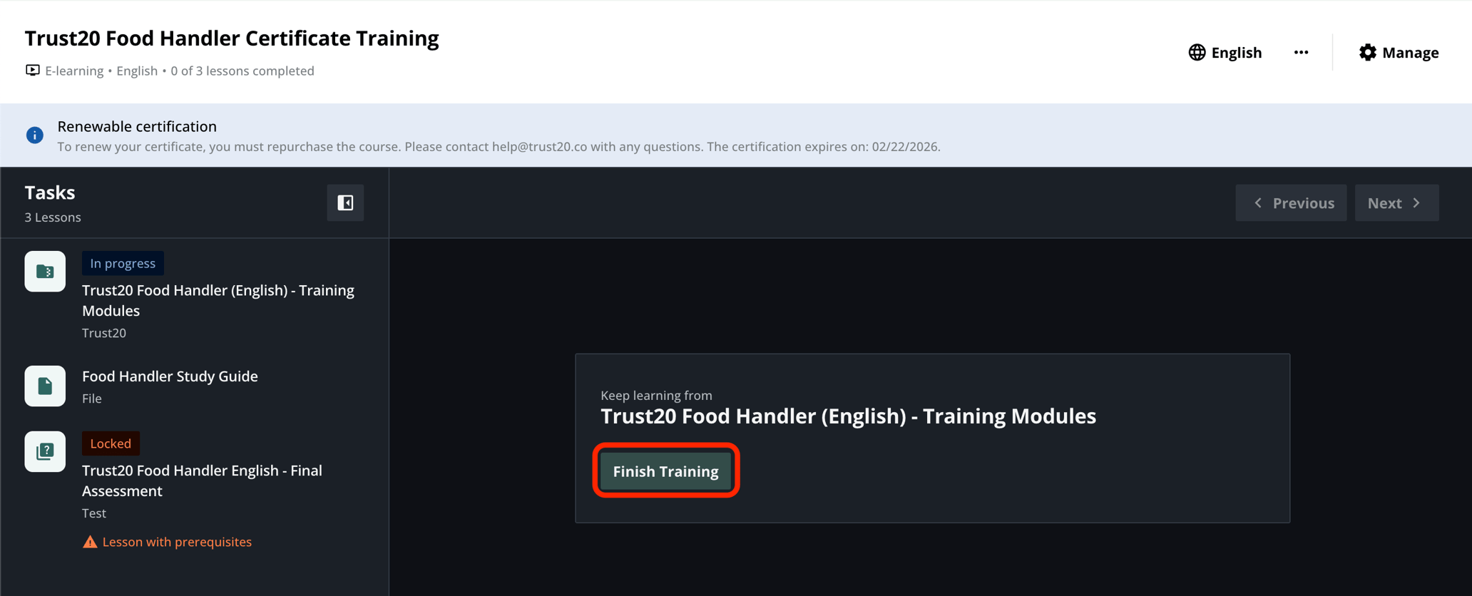 How do I check my progress on the Trust20 Food Handler Certificate ...